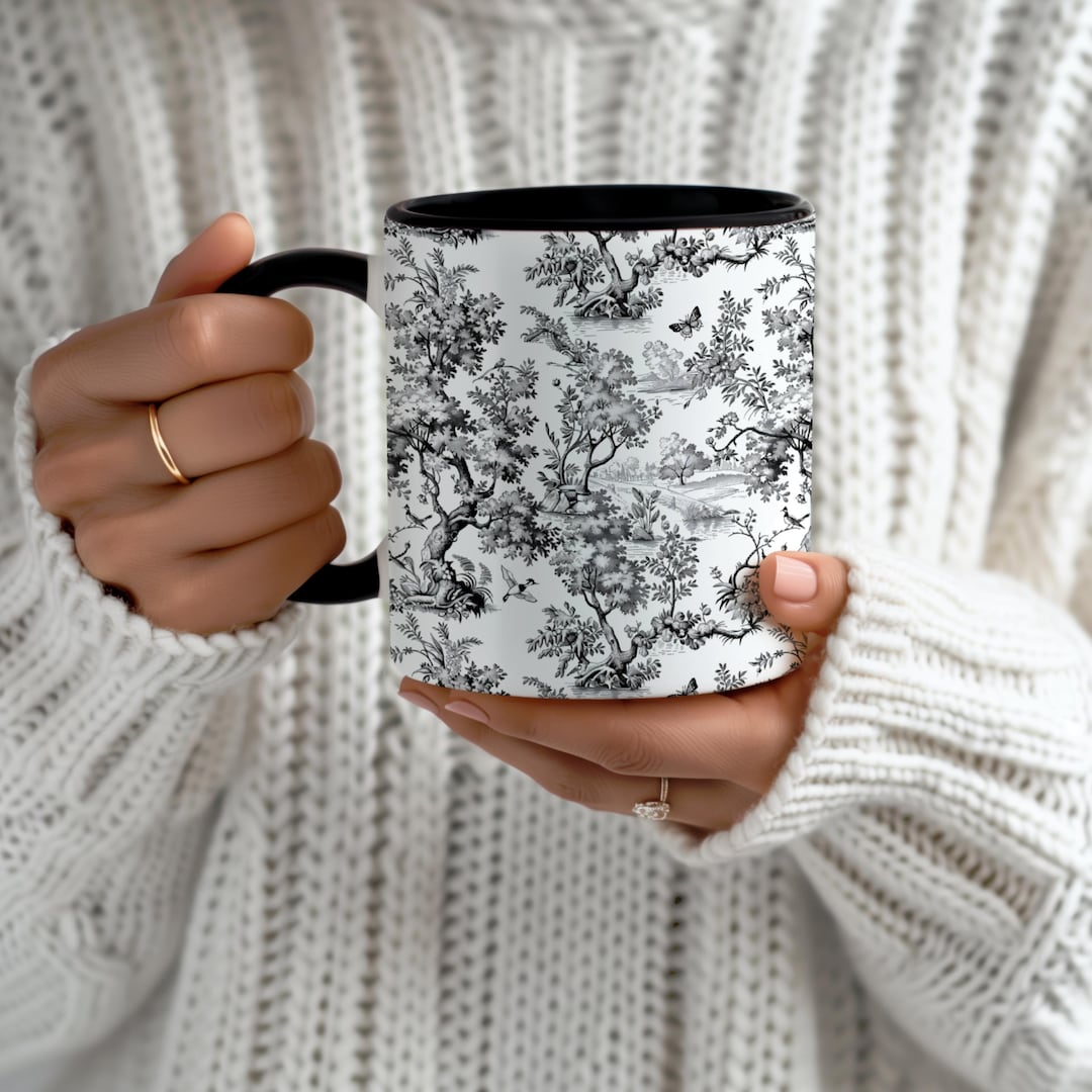 Toile Pattern Ceramic Mug Black White Coffee Cup Elegant Tea Gift 11 15 ...