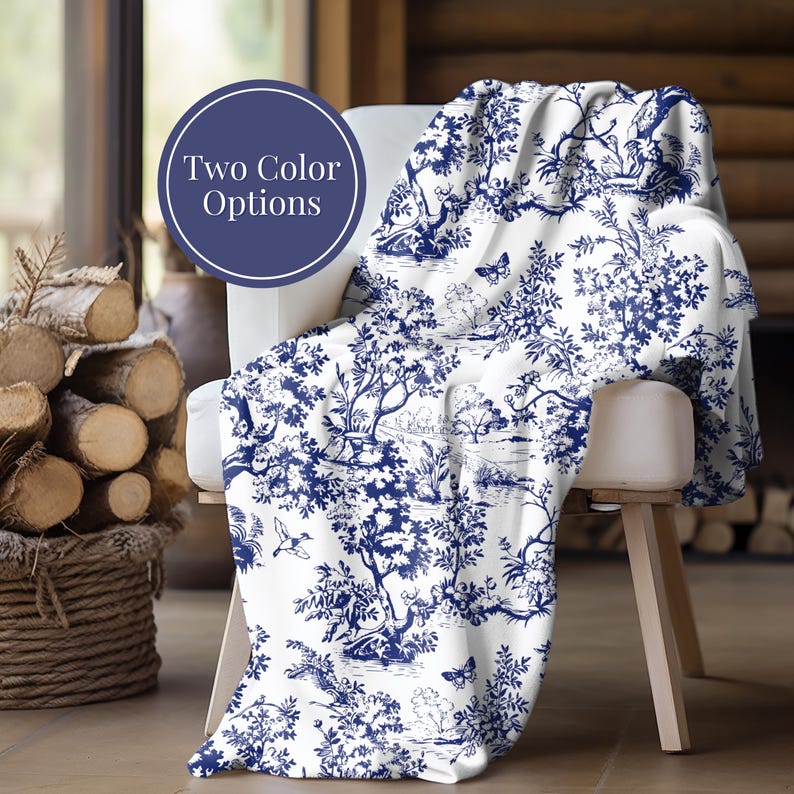 Blue French Toile Decor Throw Blanket for Bed Blue Chinoiserie Gift ...