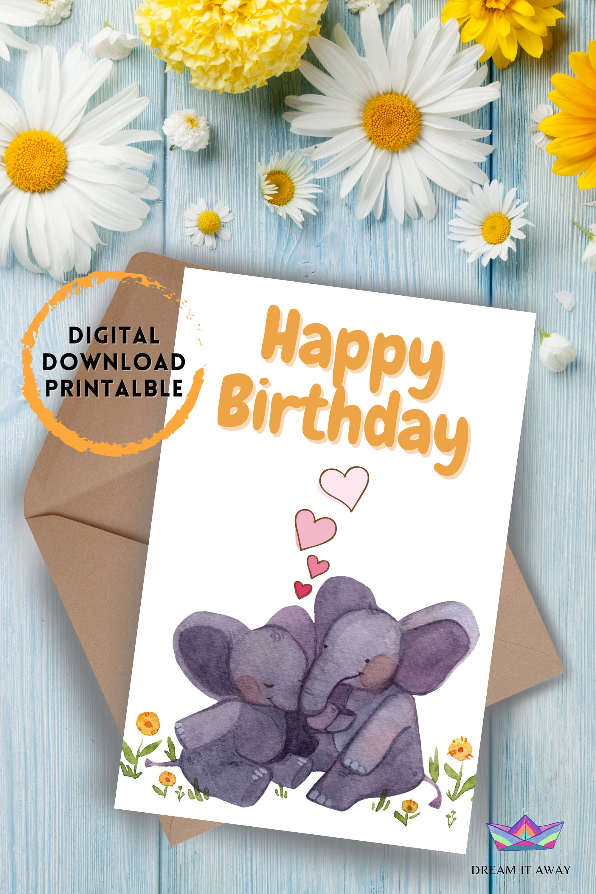 Happy Birthday Elephant Card Download Watercolor Mom and Baby Elephant ...