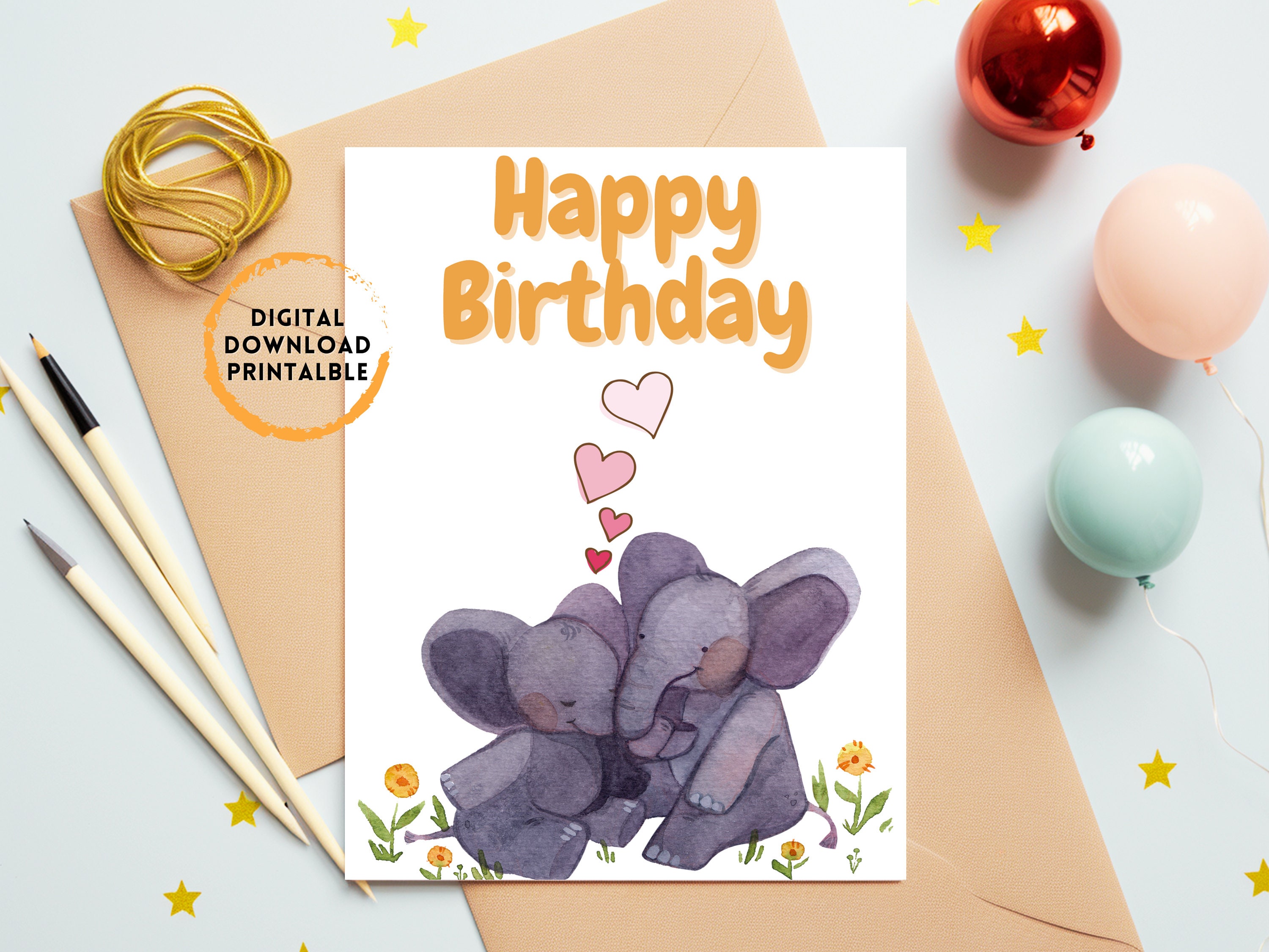 Happy Birthday Elephant Card Download Watercolor Mom and Baby Elephant ...