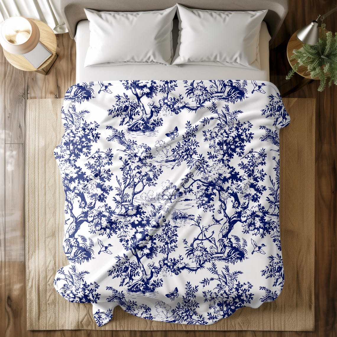 Blue French Toile Decor Throw Blanket for Bed Blue Chinoiserie Gift ...