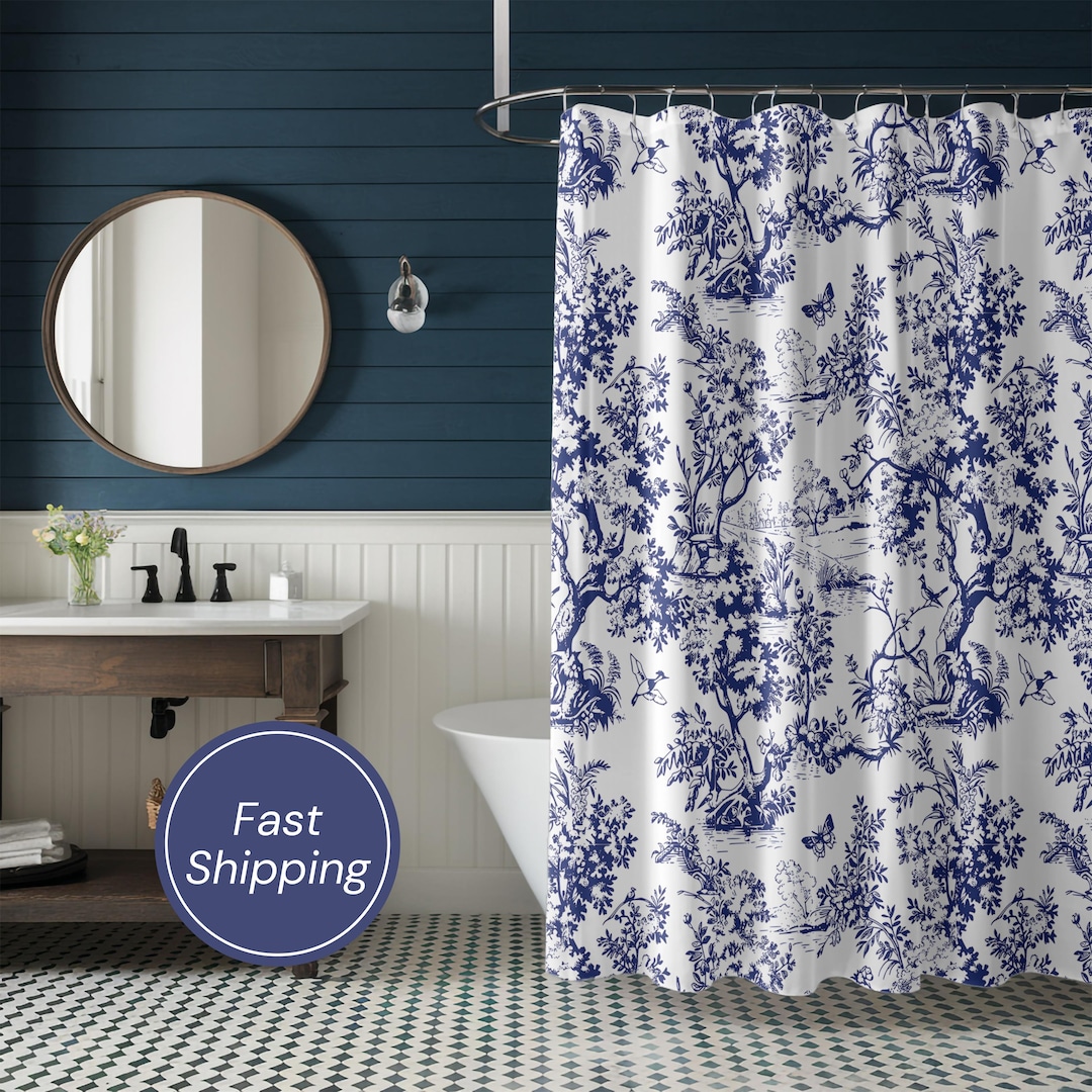 Blue Toile De Jouy Shower Curtain Blue Toile Bedroom Decor for Bathroom ...
