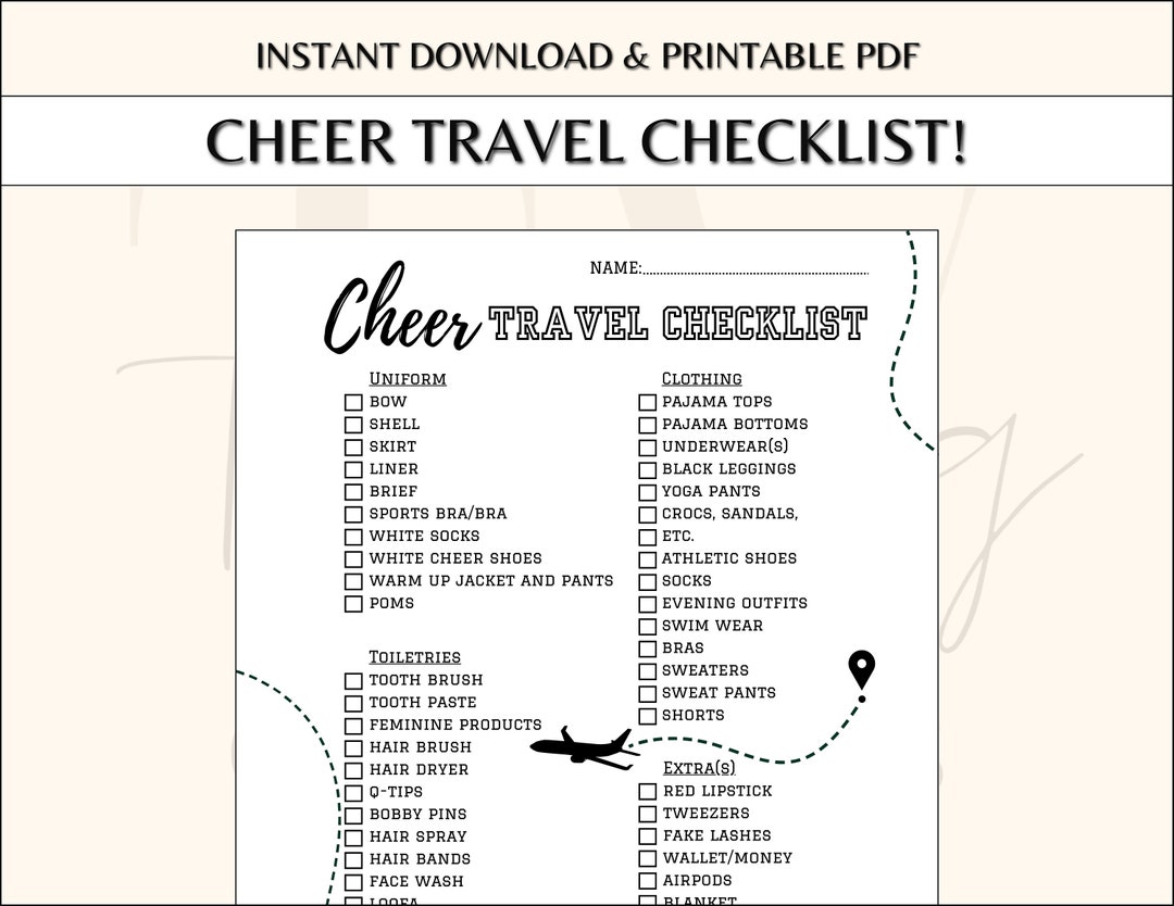 Cheer Travel Checklist Travel Packing List PDF INSTANT - Etsy