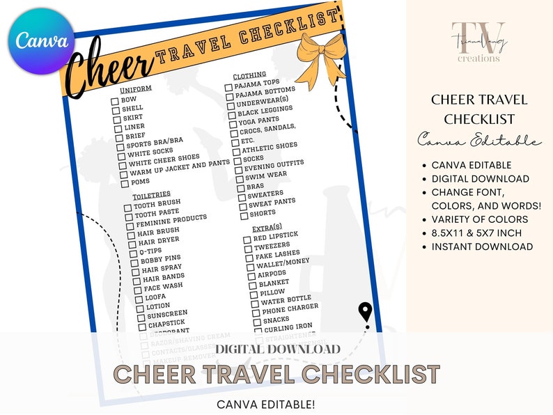 Cheer Travel Checklist, Cheer Camp, Cheer Competition, Instant Download ...