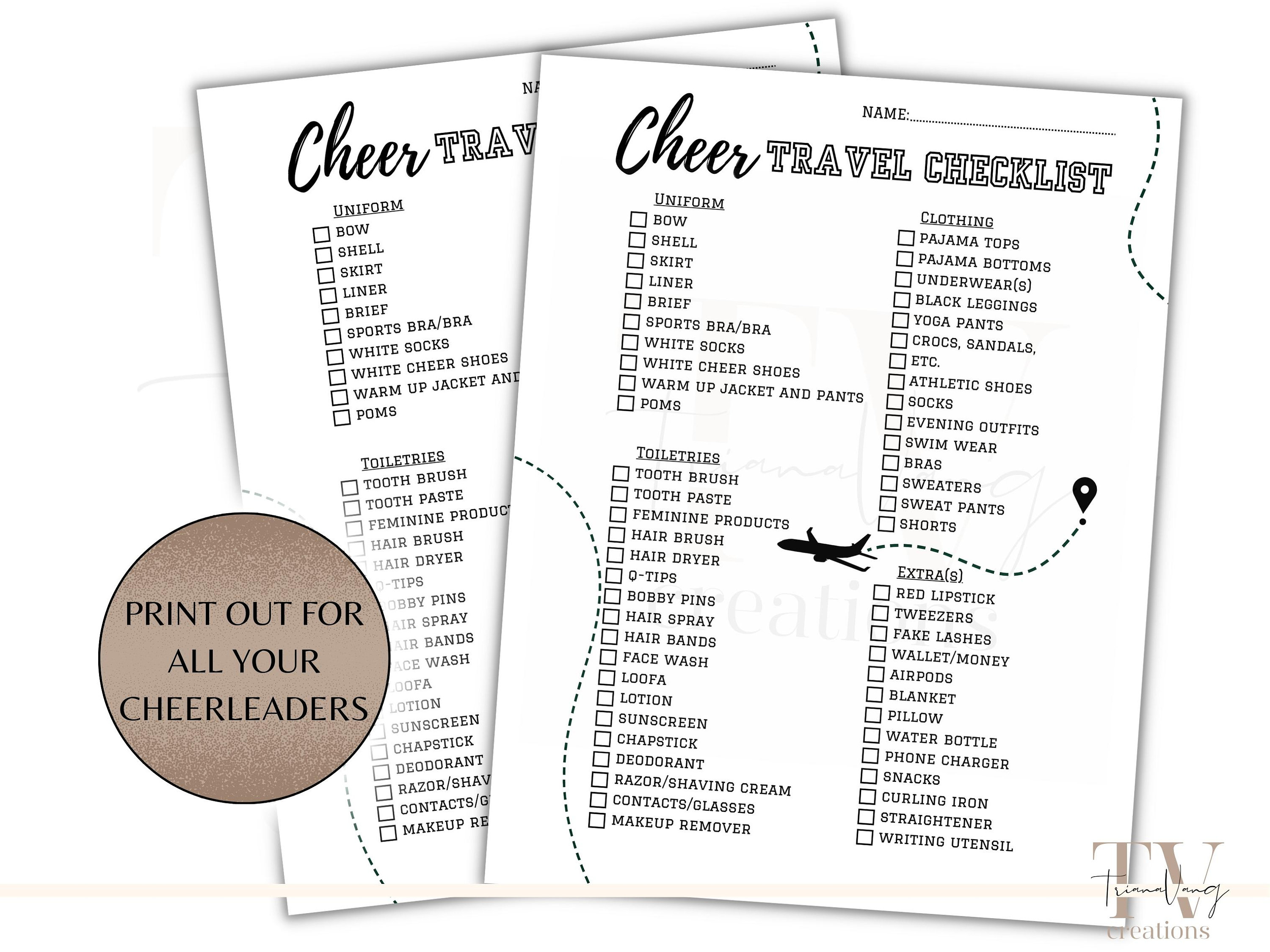 Cheer Travel Checklist, Travel Packing List (PDF + INSTANT DOWNLOAD) - Etsy