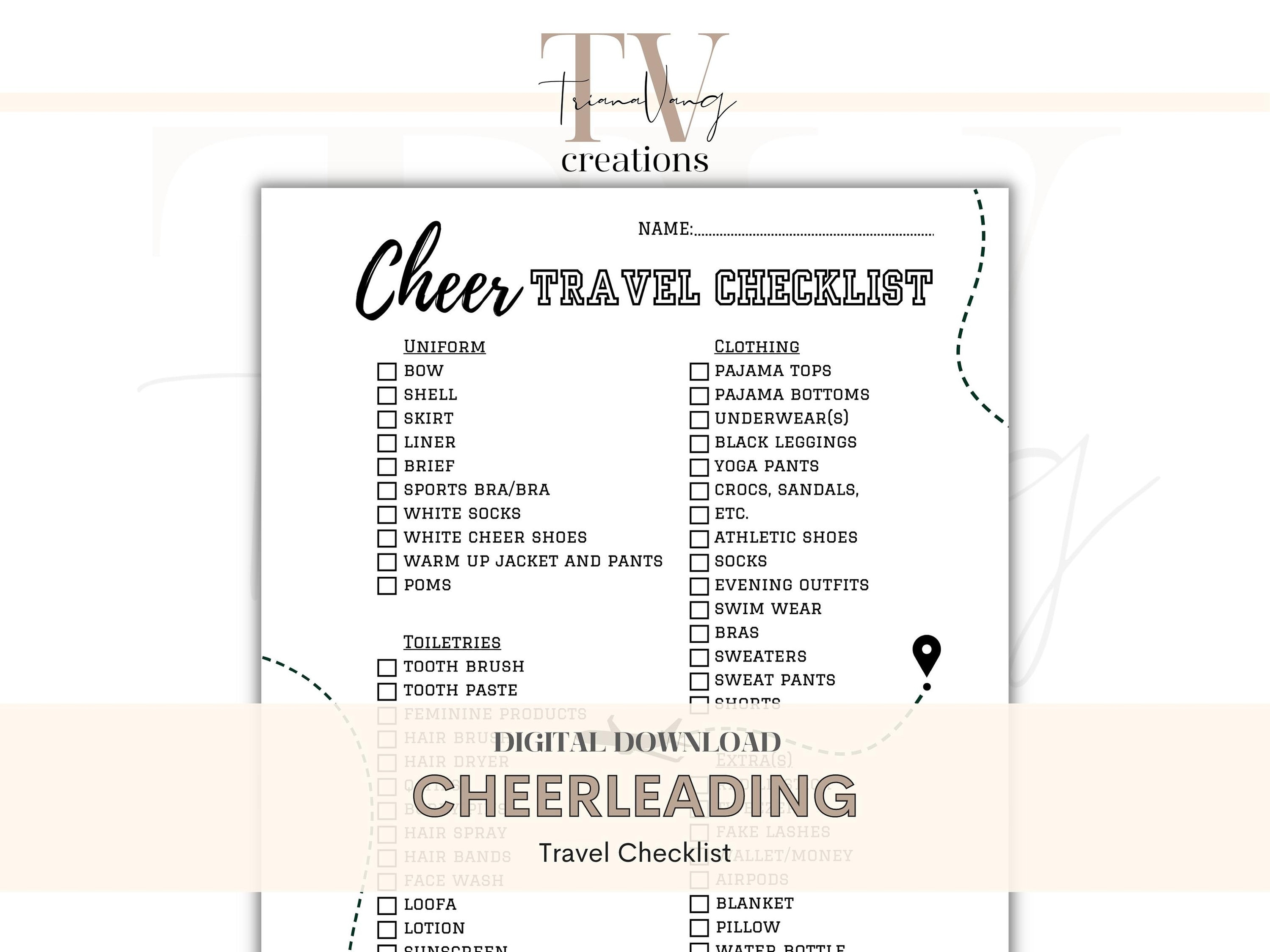 Cheer Travel Checklist, Travel Packing List (PDF + INSTANT DOWNLOAD) - Etsy
