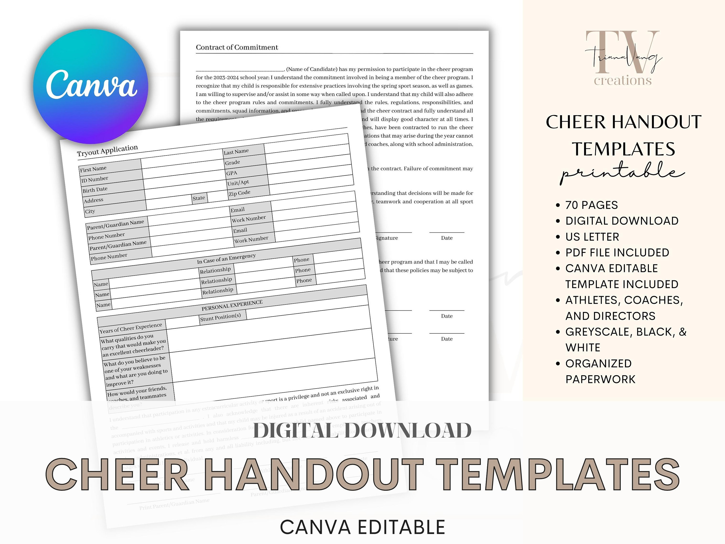 Printable Cheer Handout Templates, CANVA Editable, Athlete Paperwork ...