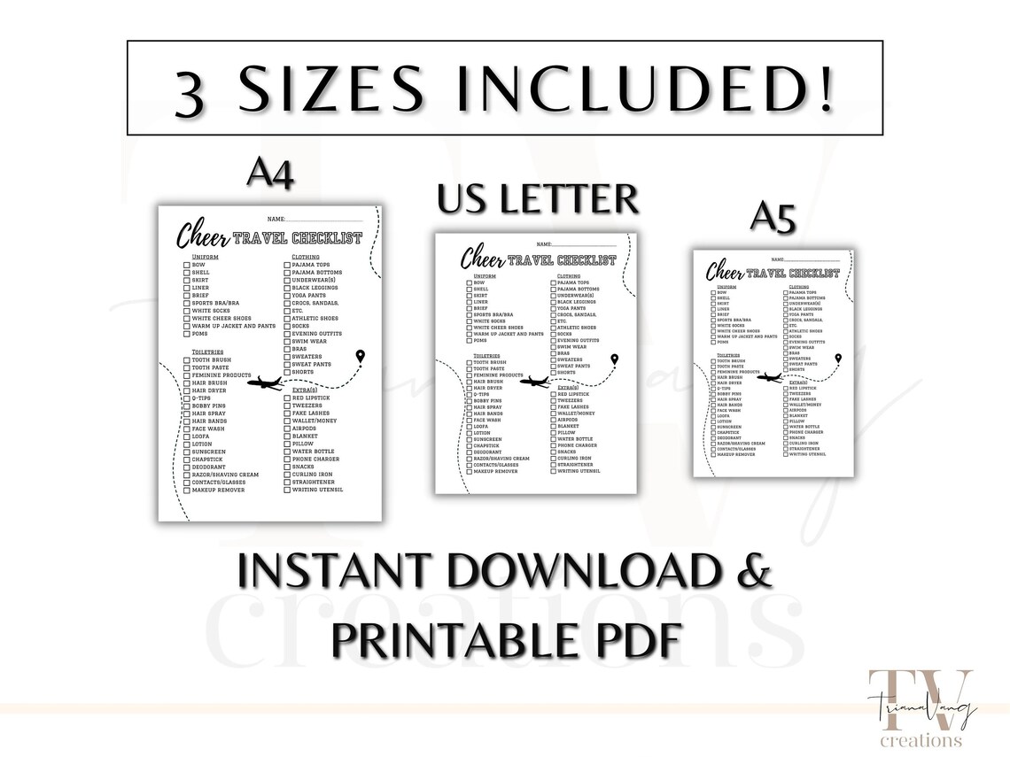Cheer Travel Checklist, Travel Packing List (PDF + INSTANT DOWNLOAD) - Etsy