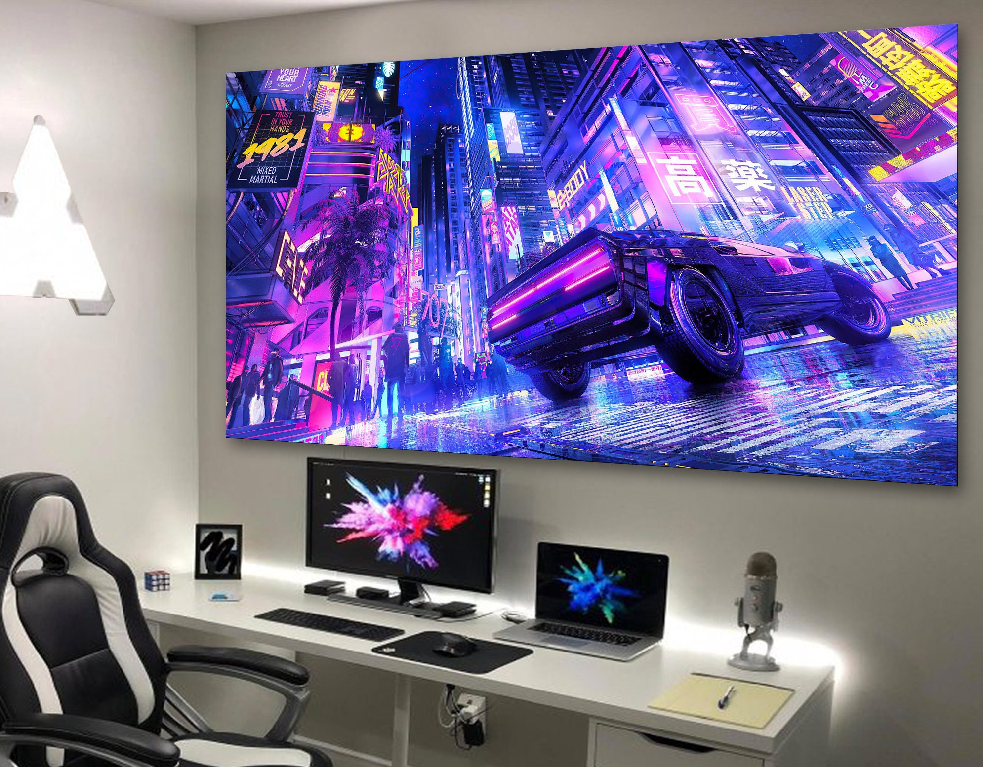 Cyberpunk City Car Cybertrack Urban Extra Large Neon Print on Canvas ...