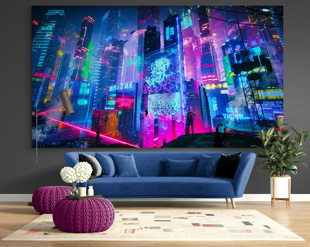 Cyberpunk Urban View Extra Large Bright Colorful Neon Print on Canvas ...