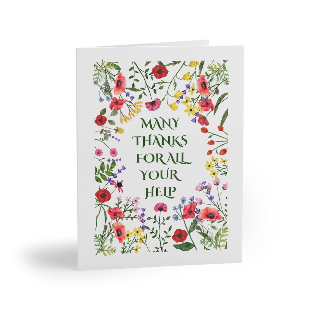 Set of 8 BLANK, 'many Thanks for All Your Help' Note Cards, Note Card ...