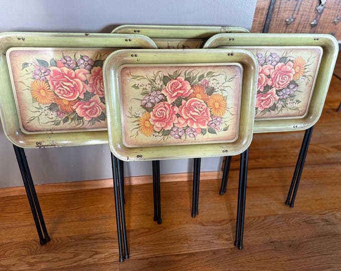 Vintage Cal-dak Folding Metal TV Trays Set of 4 Floral Design - Etsy
