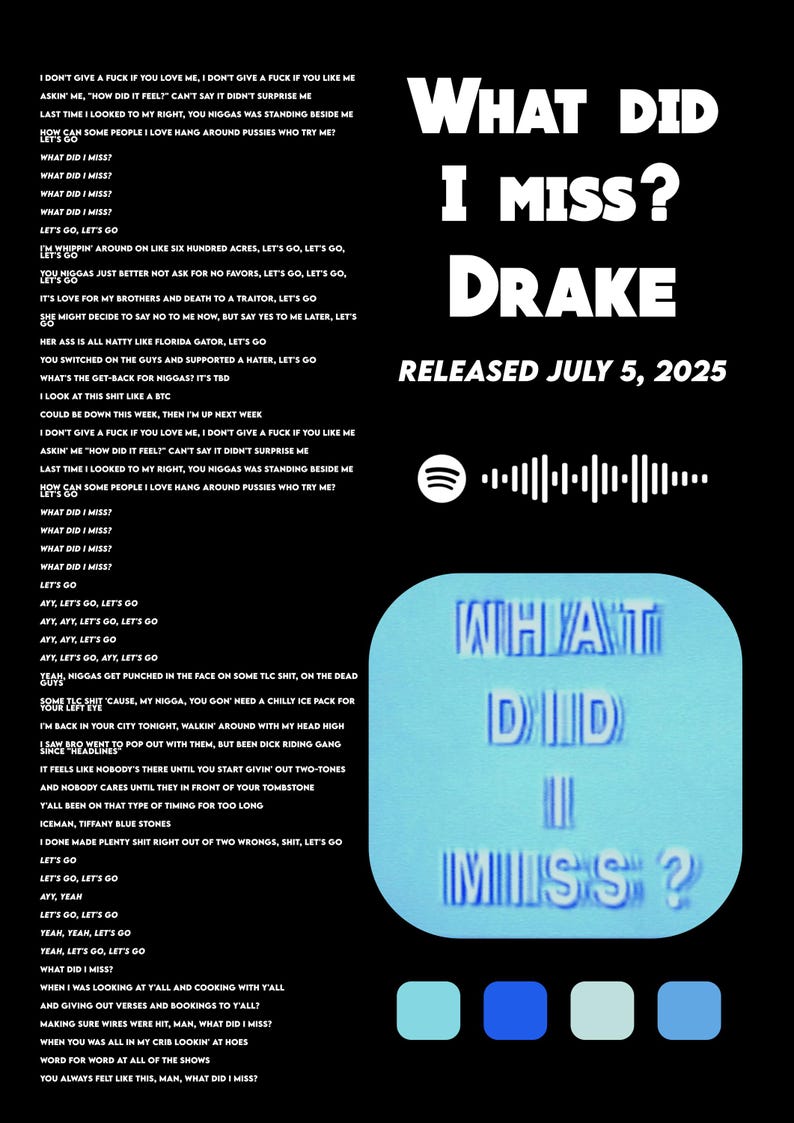 Drake "what Did I Miss?" Lyrics Digital Print - Instant Download Music ...