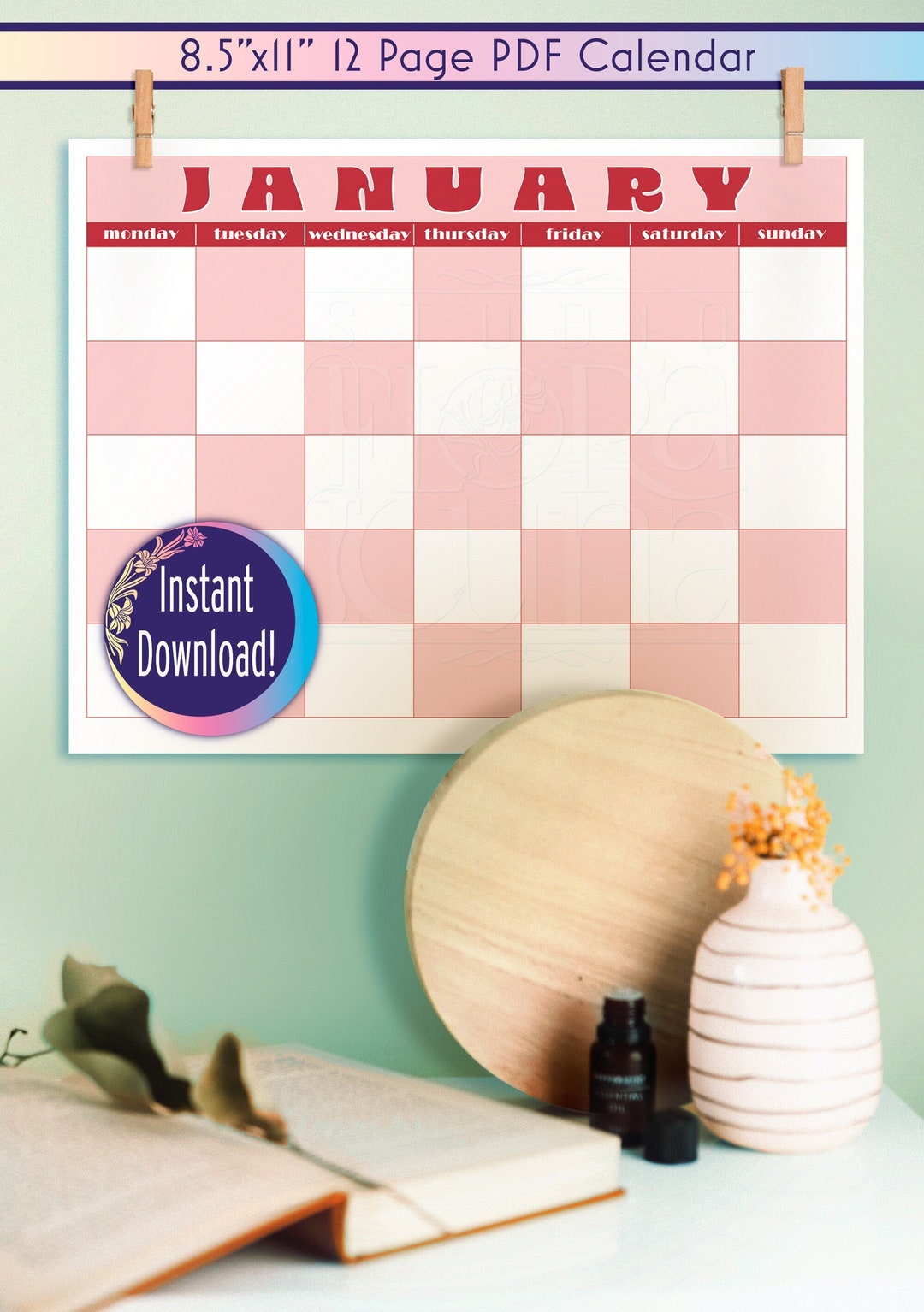 Blank Calendar, 12 Month Printable, Monthly Planner, Retro Pink ...