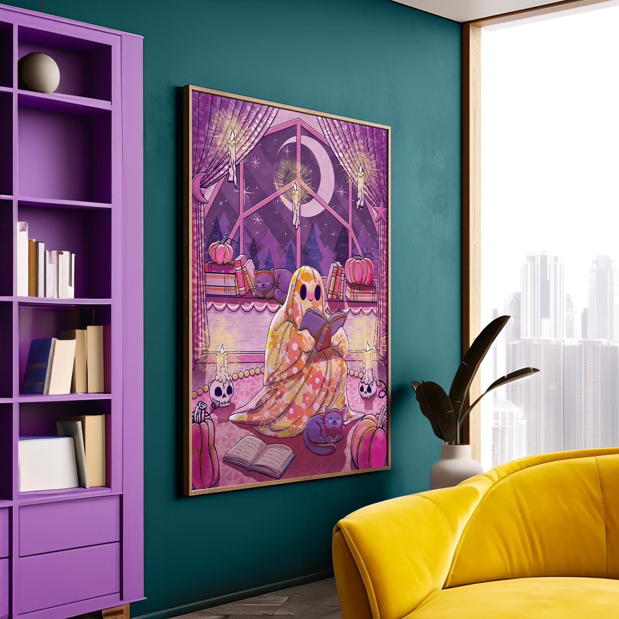 Cute Ghost Reading Print Pastel Goth Halloween Decor Bookish Kawaii ...