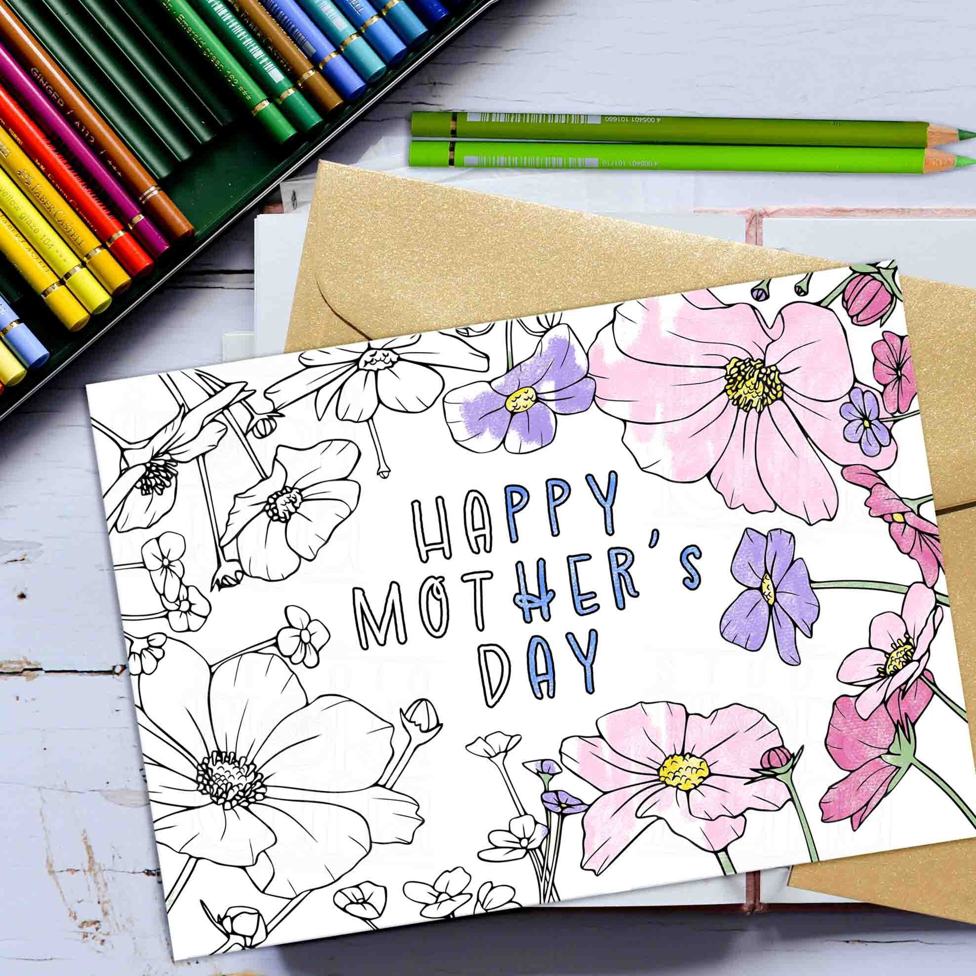 Floral Mothers Day Coloring Card DIY Printable Color Your Own Card for ...