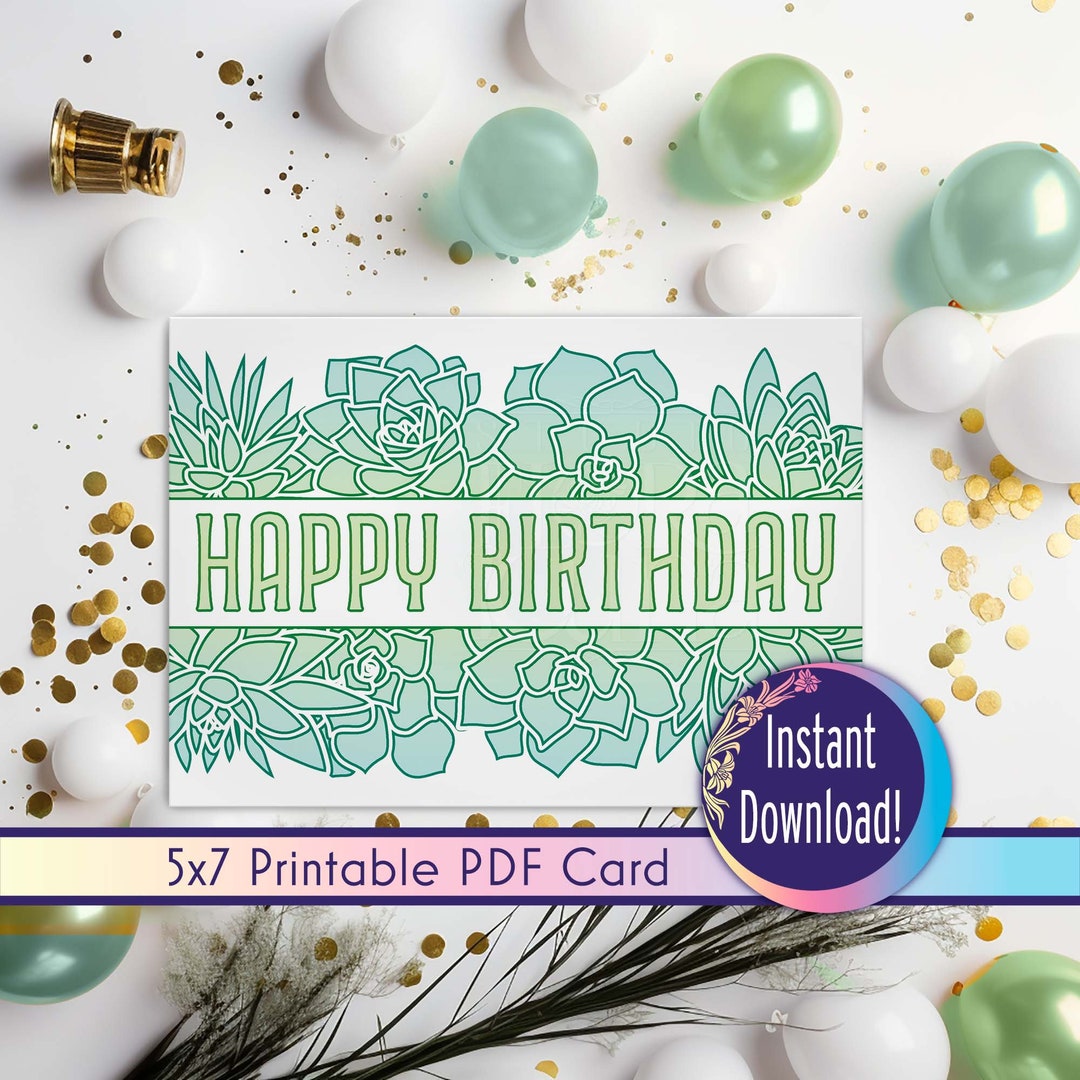 Succulent Birthday Card Printable 5x7 Botanical Greeting Plant Lover ...