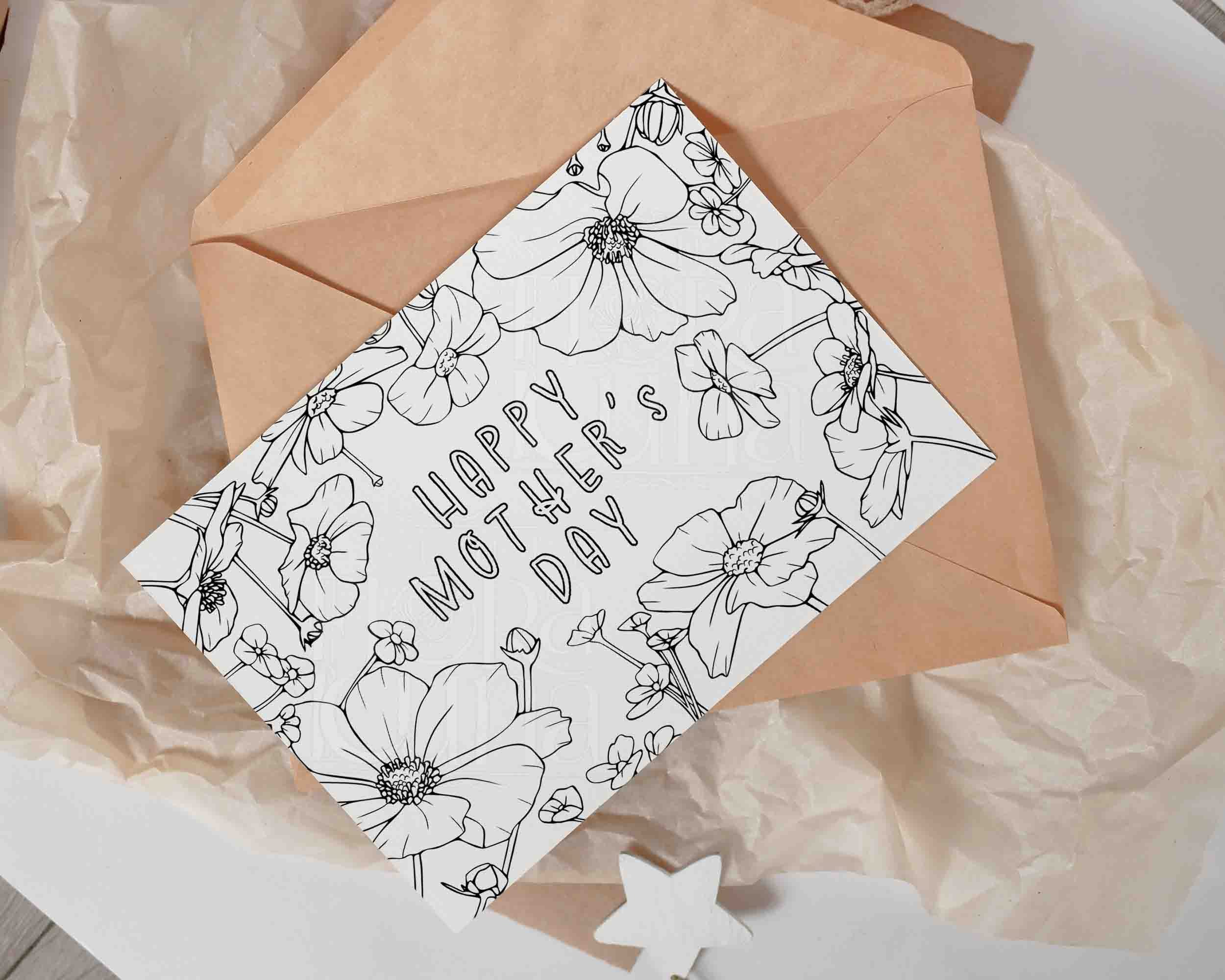 Floral Mothers Day Coloring Card DIY Printable Color Your Own Card for ...