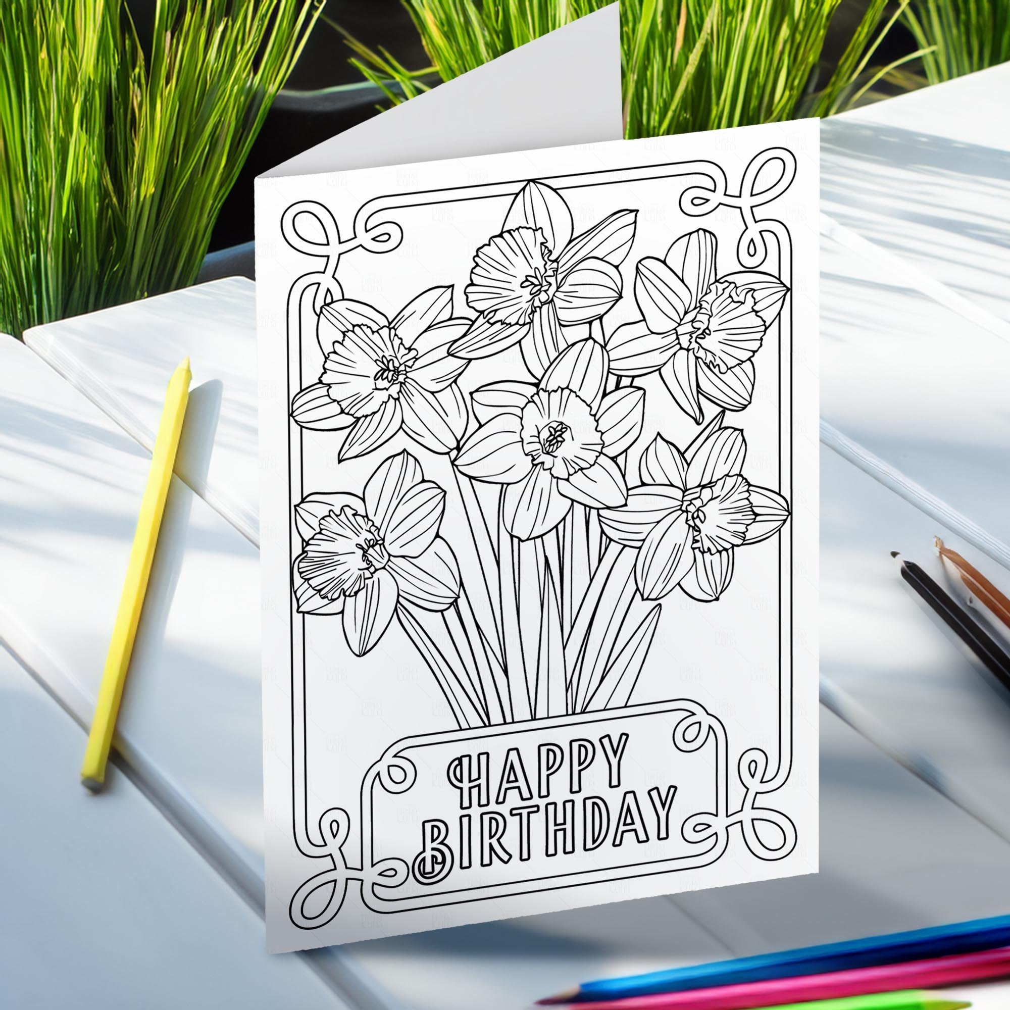 Printable Coloring Card Happy Birthday Floral Coloring Page Daffodil ...