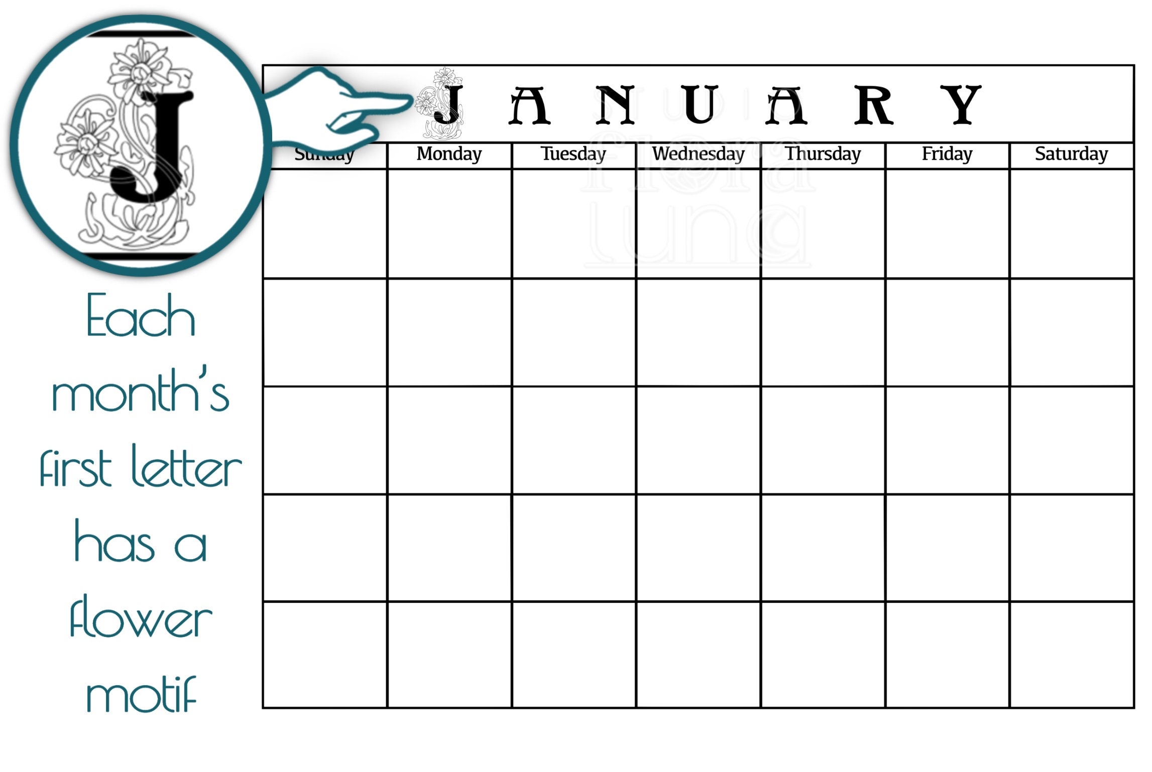 Printable Calendar Monthly Fillable Calendar Floral Letters - Etsy