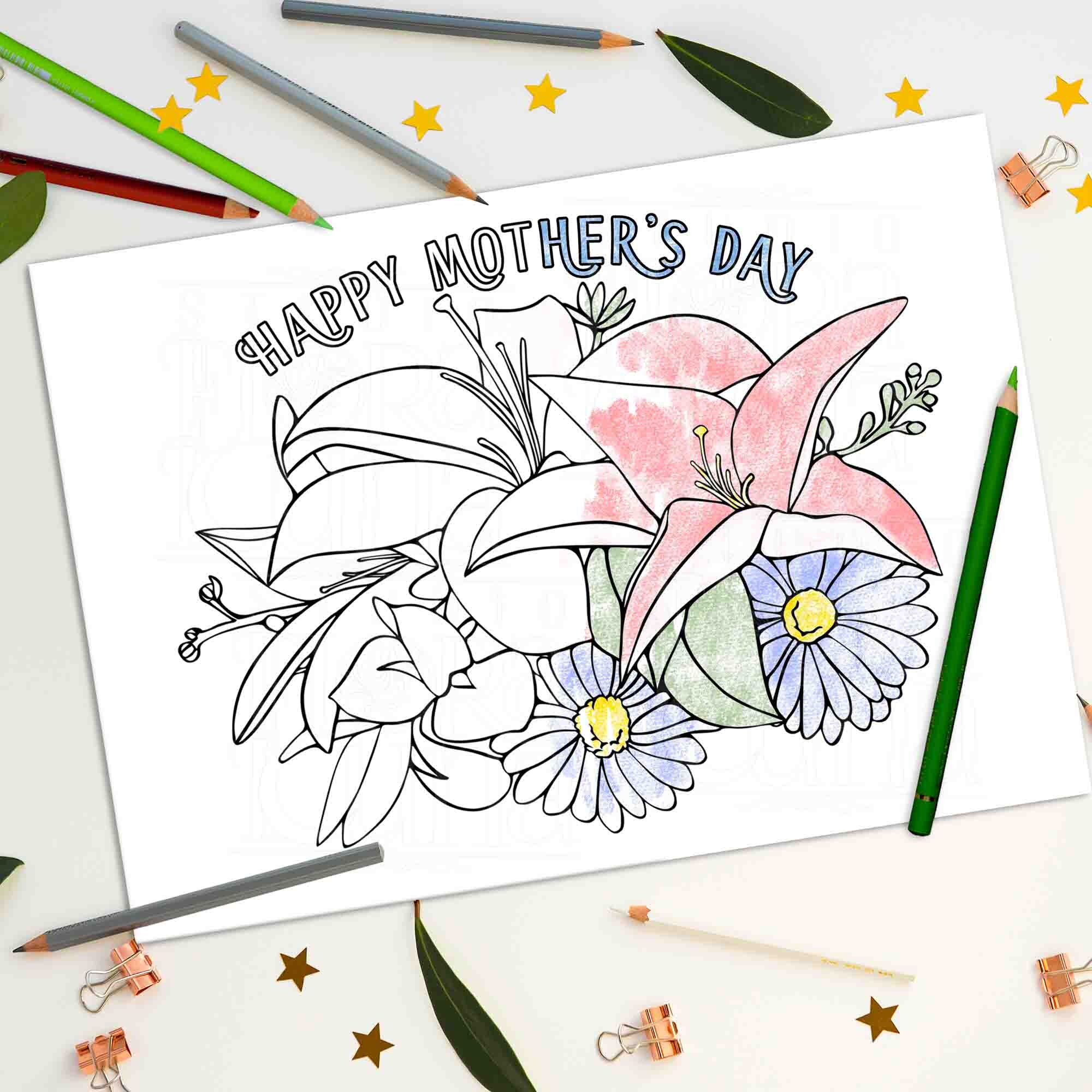 DIY Mothers Day Card Printable Coloring Card Floral Handmade Mothers ...
