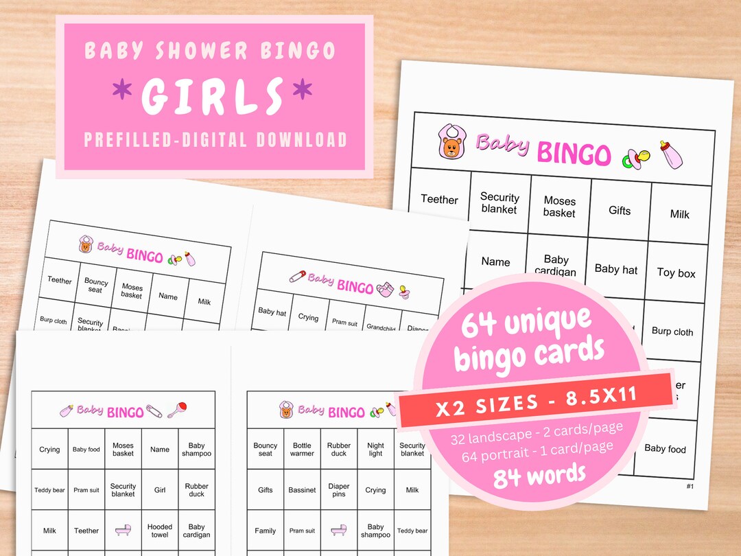 64 Girl Baby Shower Bingo Cards, Printable Pink-themed Bingo Game ...
