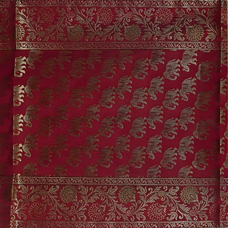 Maroon & Gold Indian Silk Table Runner-handmade Vintage Elephant Print ...
