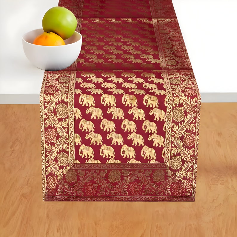 Maroon & Gold Indian Silk Table Runner-handmade Vintage Elephant Print ...