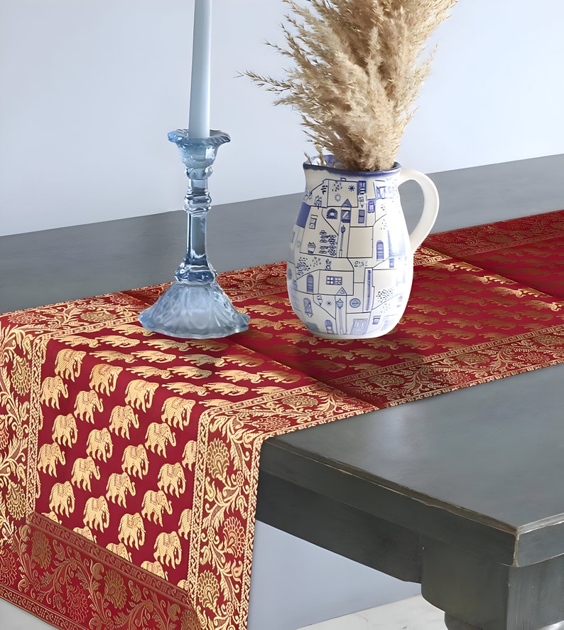 Maroon & Gold Indian Silk Table Runner-handmade Vintage Elephant Print ...