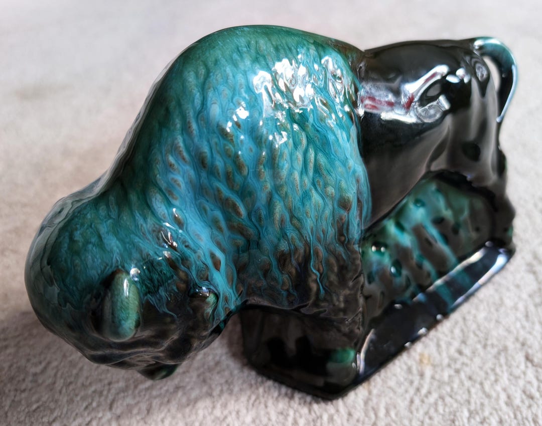 Vintage Blue Mountain Pottery Bison/buffalo in Green/black Ceramic Drip ...