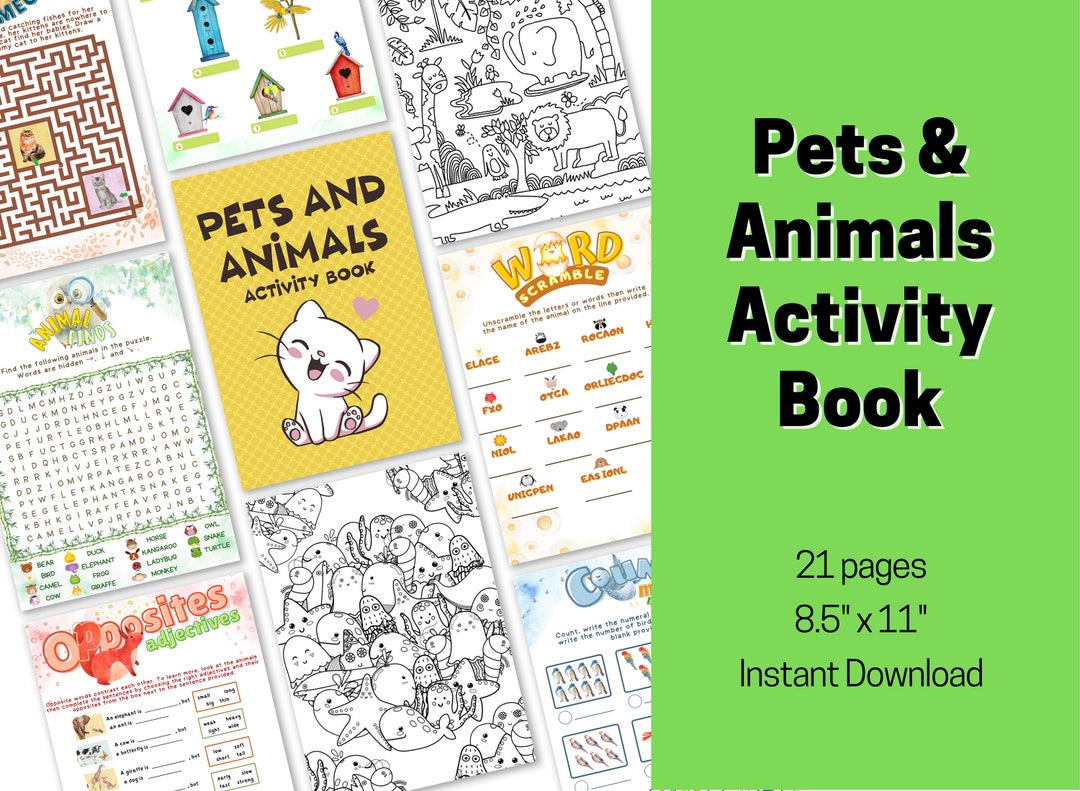 Animal Activity Book for Kids, Pets Coloring Pages, Printable for Kids ...