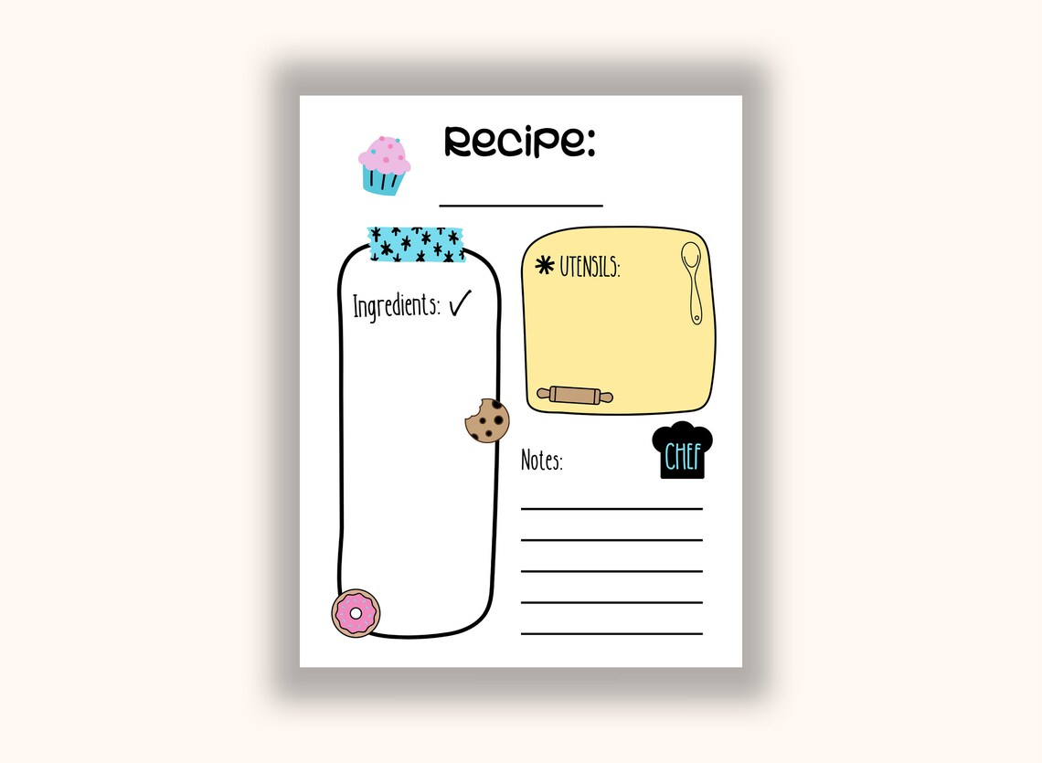 Recipe Template Printable for Kids, Blank Recipe Page, Children's ...
