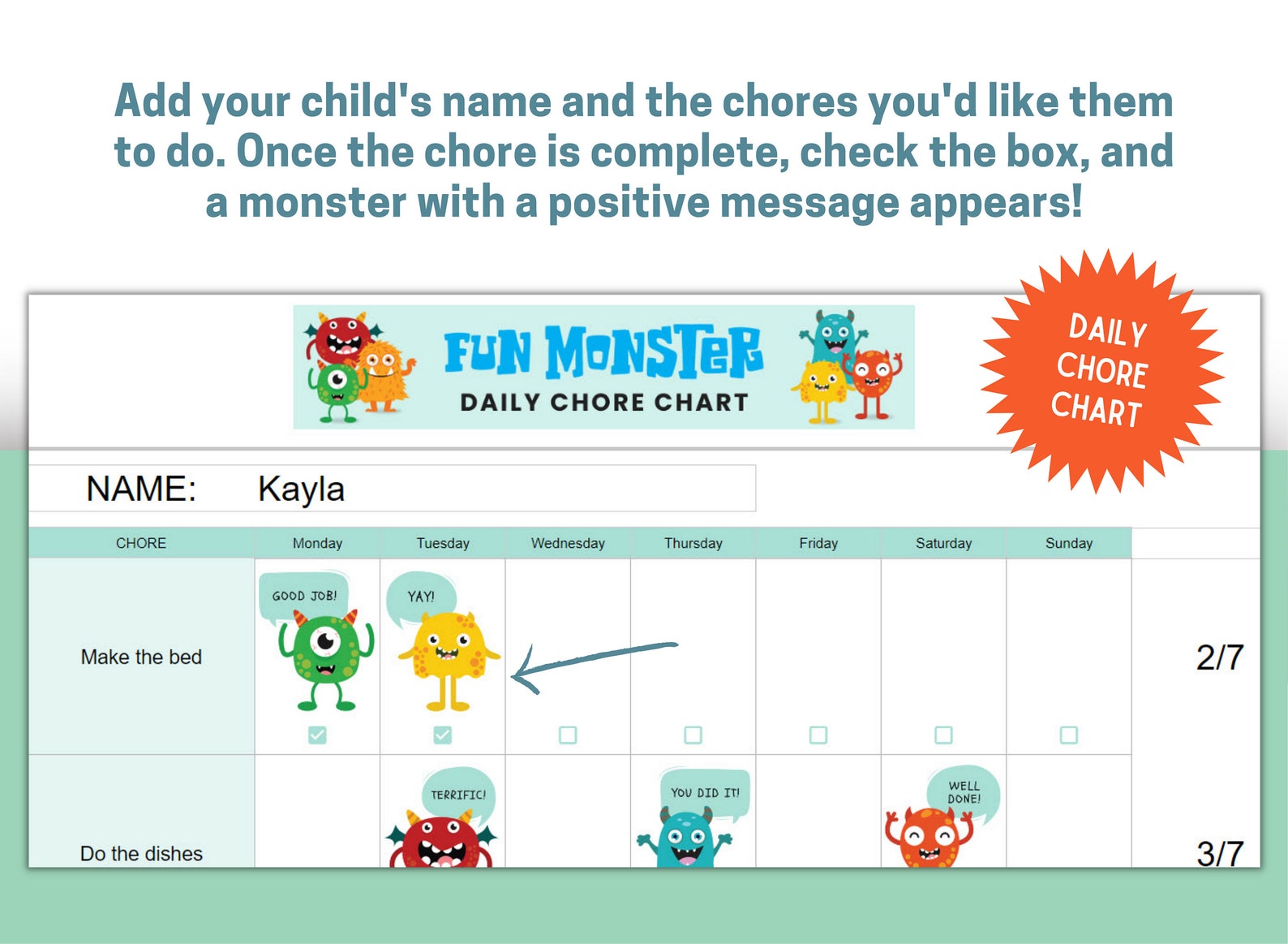 Kids Chore Chart Spreadsheet, Daily Task Lists, Children's Weekly Chore ...