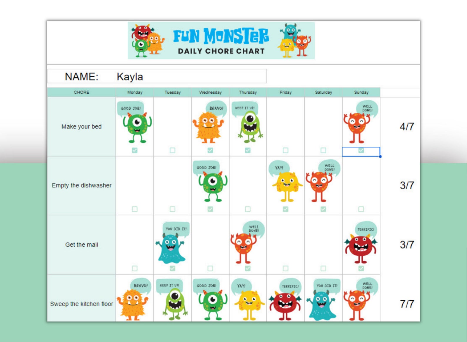 Kids Chore Chart Spreadsheet, Daily Task Lists, Children's Weekly Chore ...