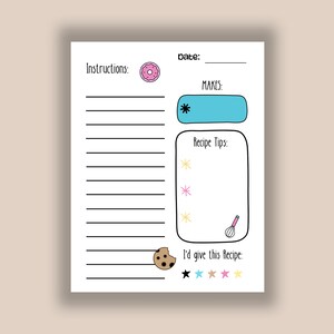 Recipe Template Printable for Kids, Blank Recipe Page, Children's ...