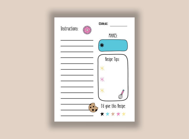 Recipe Template Printable for Kids, Blank Recipe Page, Children's ...