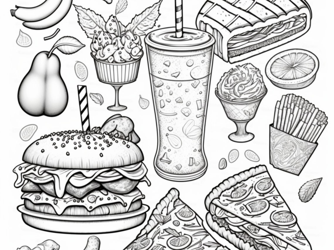 36 Realistic Food Coloring Pages, Adults Kids Instant Download, Digital ...