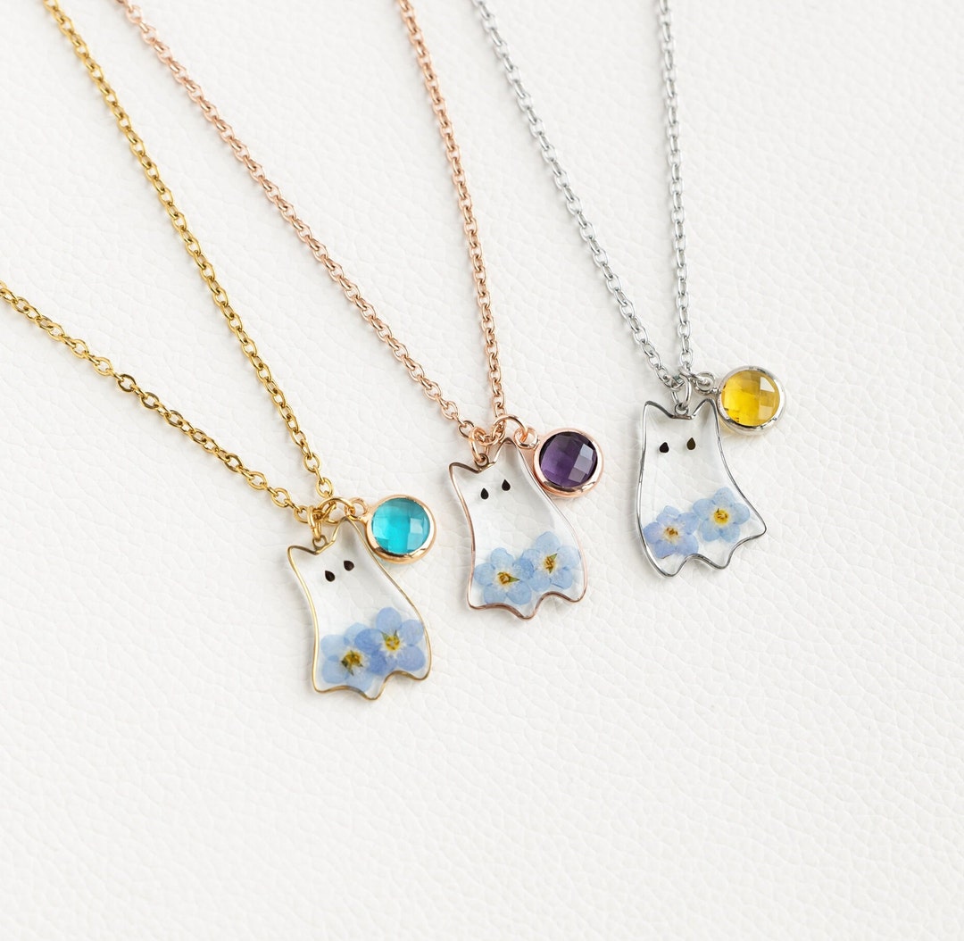 Custom Birthstone Forget Me Not Flower Ghost Cat Necklace, Handmade ...
