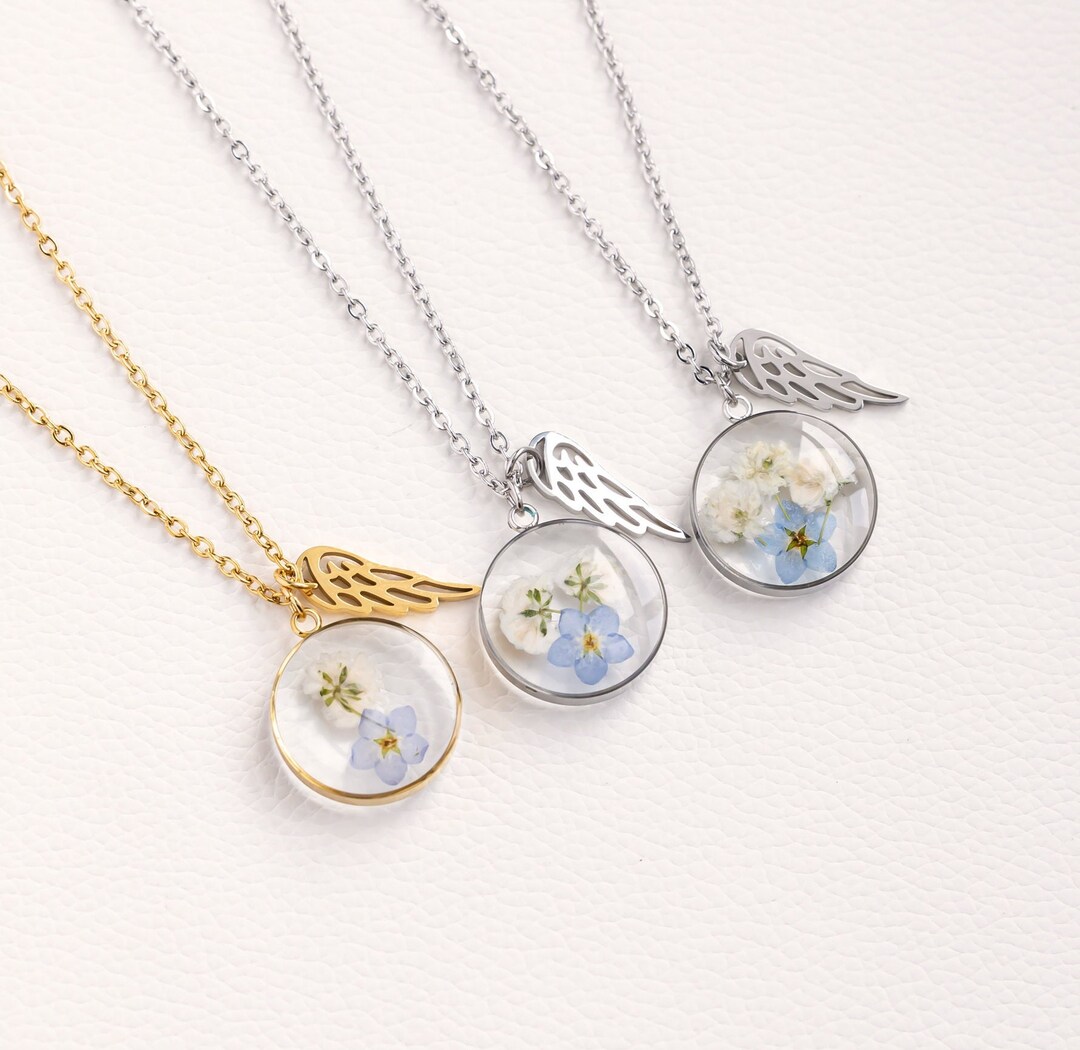 Forget Me Not and Baby’s Breath Flower Necklace With Wings, Handmade ...
