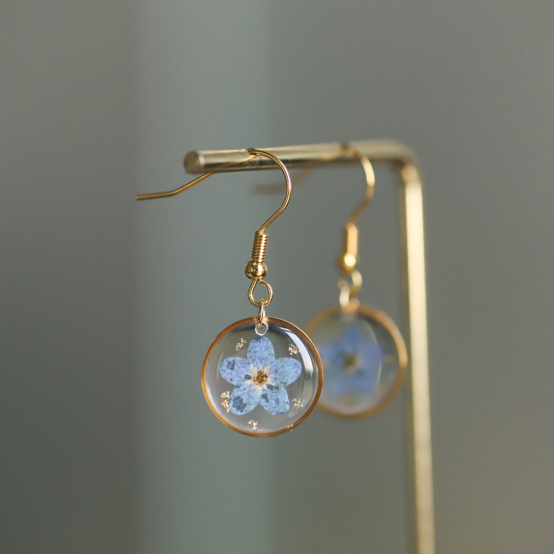 Gold Forget Me Not Flower Earrings for Women, Handmade Pressed Real ...