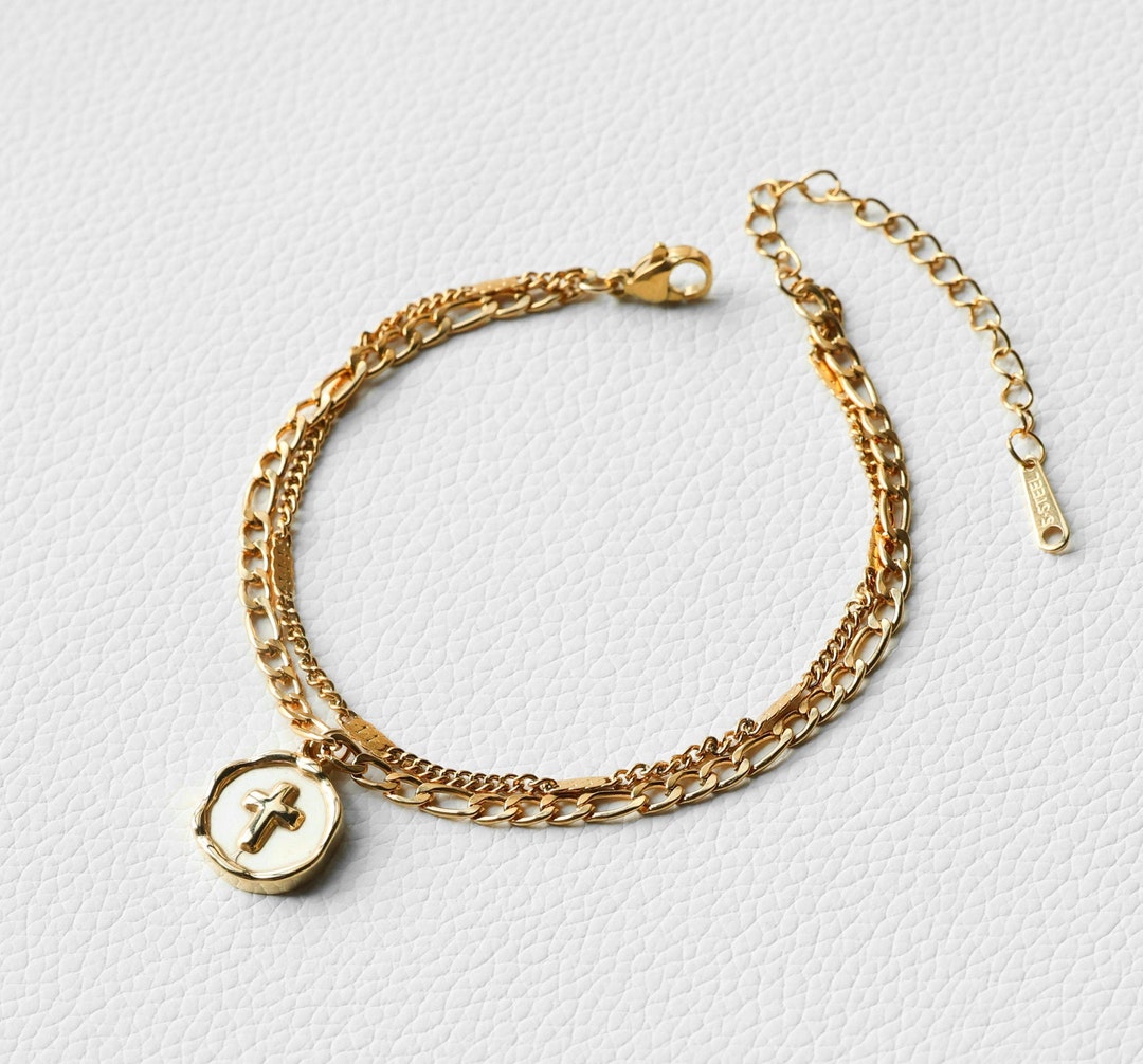 Cross Double Chain Bracelet, Cross Pendant Bracelets, Layering Bracelet ...