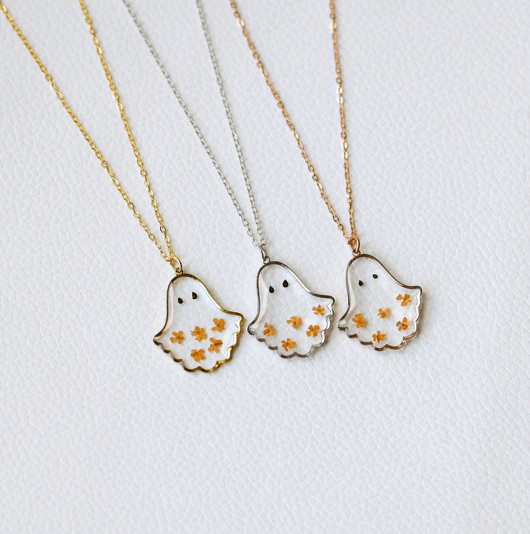 Ghost Resin Necklace, Ghost Charm Necklace, Handmade Flower Jewelry ...