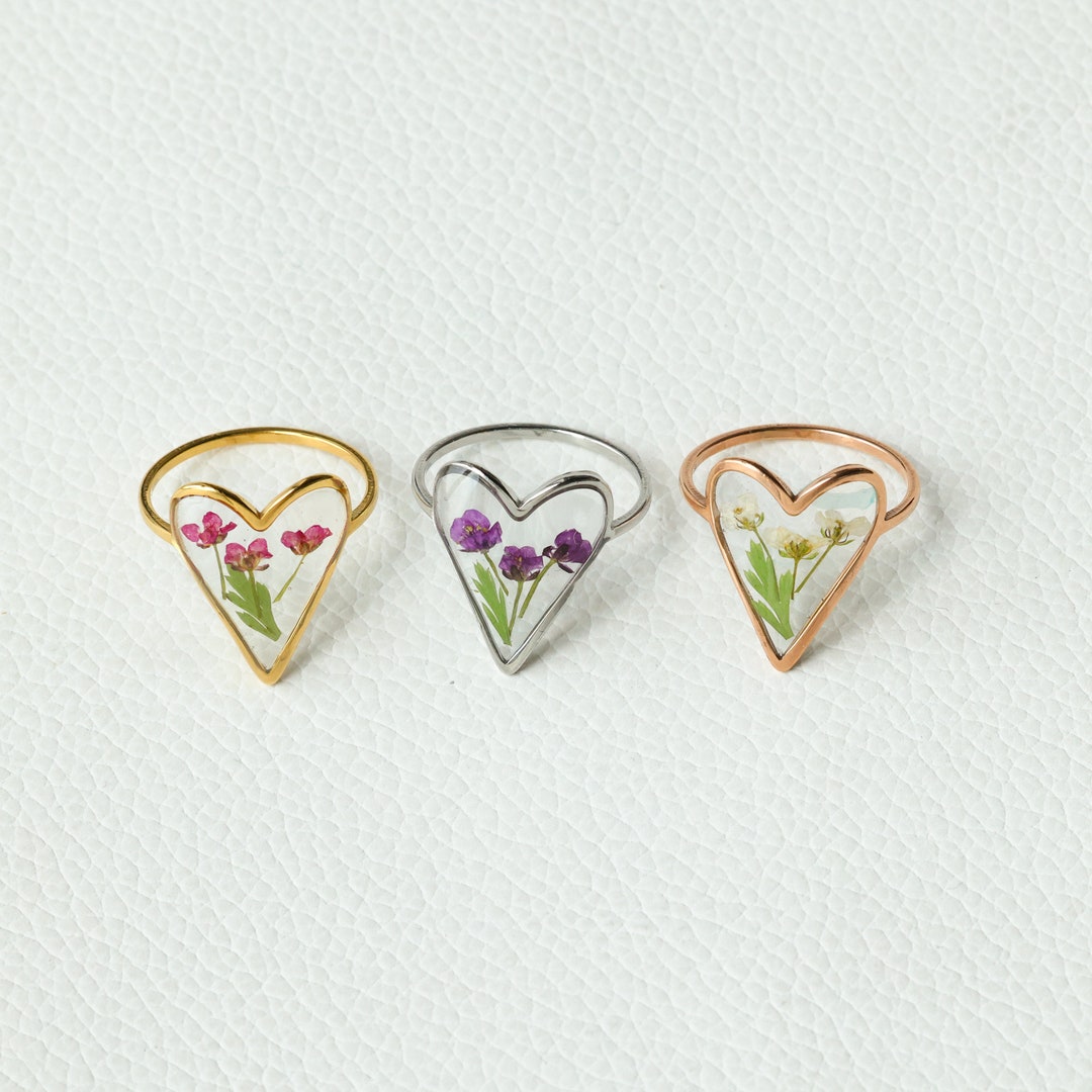 Heart Pressed Flower Rings for Women, Handmade Real Flower Rings, Dried Flower Resin Rings, Gift ...