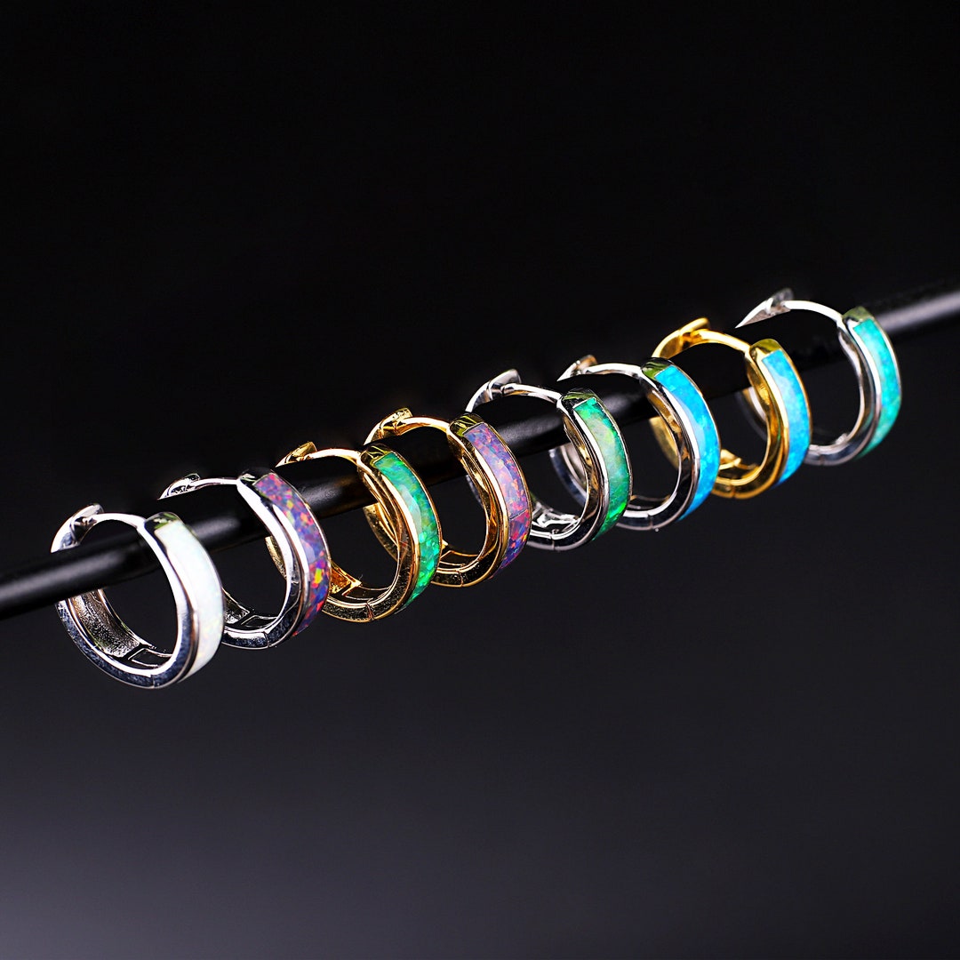 Opal Inlay Hoop Earrings, Opal Huggie Hoop Earrings, Personalized ...