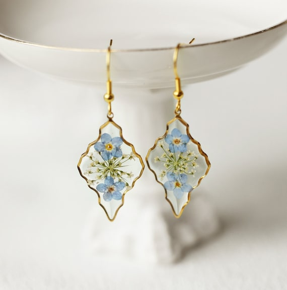 Forget Me Not Flower Earrings Leaf Resin Earrings for Women Handmade Real Flower Earrings Nature Lover Gift Birthday Gift Gift for Her Etsy