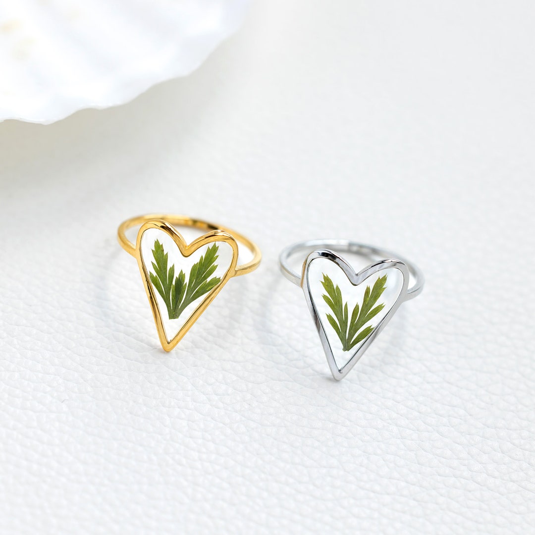 Heart Real Fern Leaf Resin Ring, Handmade Pressed Green Leaf Ring ...