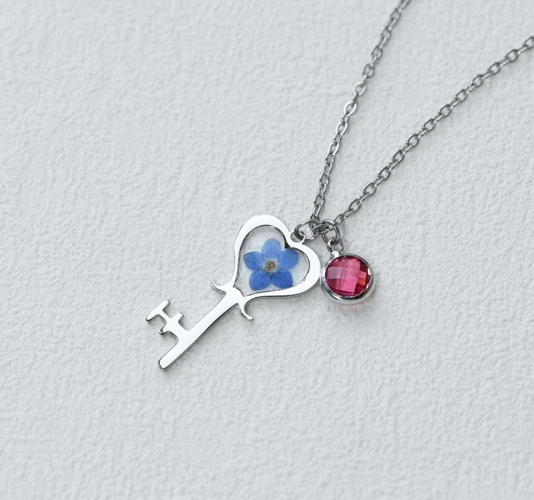 Custom Birthstone Lucky Key Pendant Necklace for Women, Forget Me Not ...