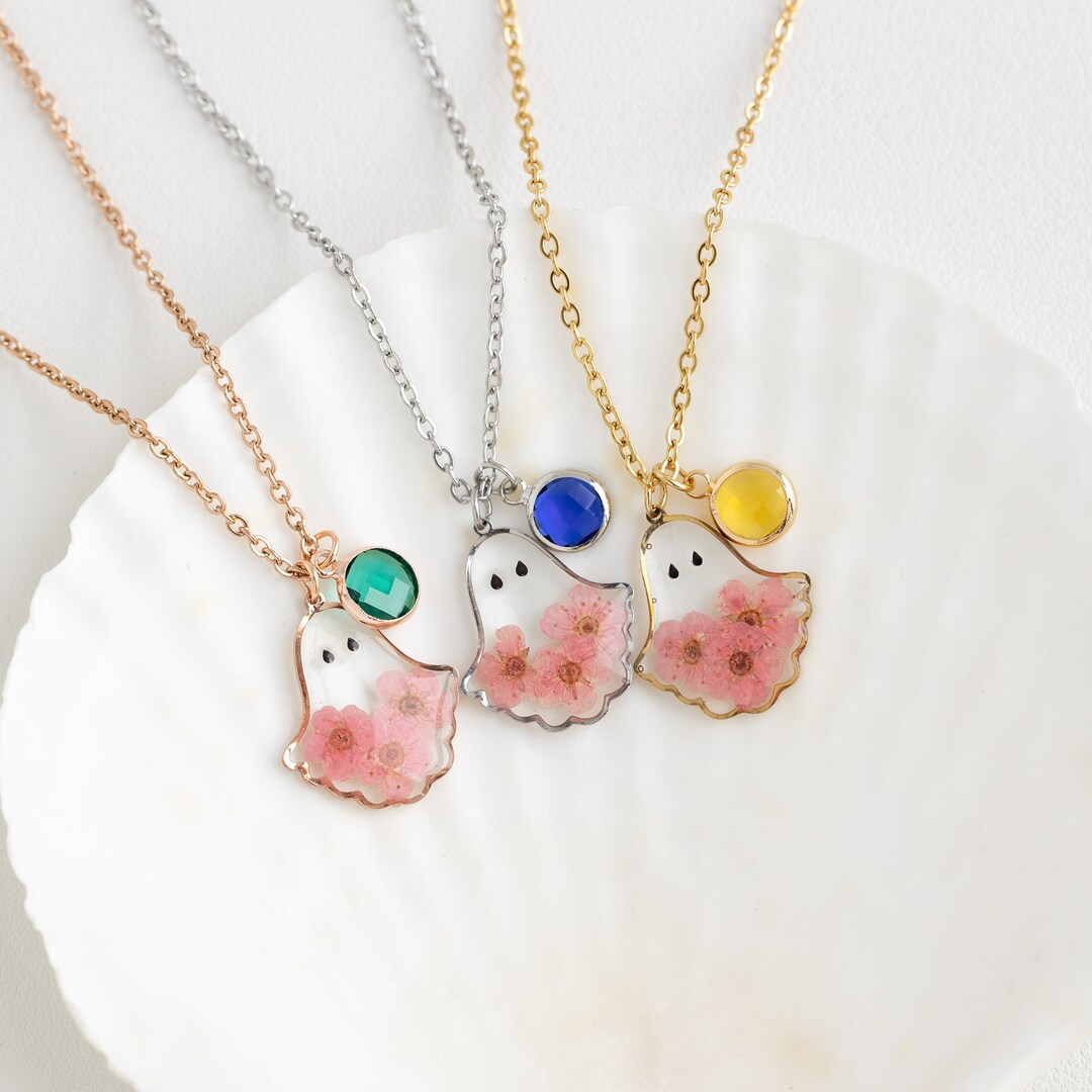 Custom Birthstone Pink Forget Me Not Ghost Necklace, Handmade Real ...