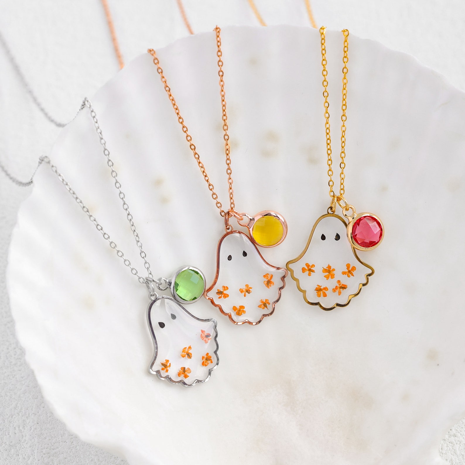 Custom Birthstone Ghost Necklace, Ghost Charm Necklace, Handmade Flower ...