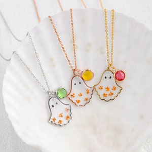 Custom Birthstone Ghost Necklace, Ghost Charm Necklace, Handmade Flower ...